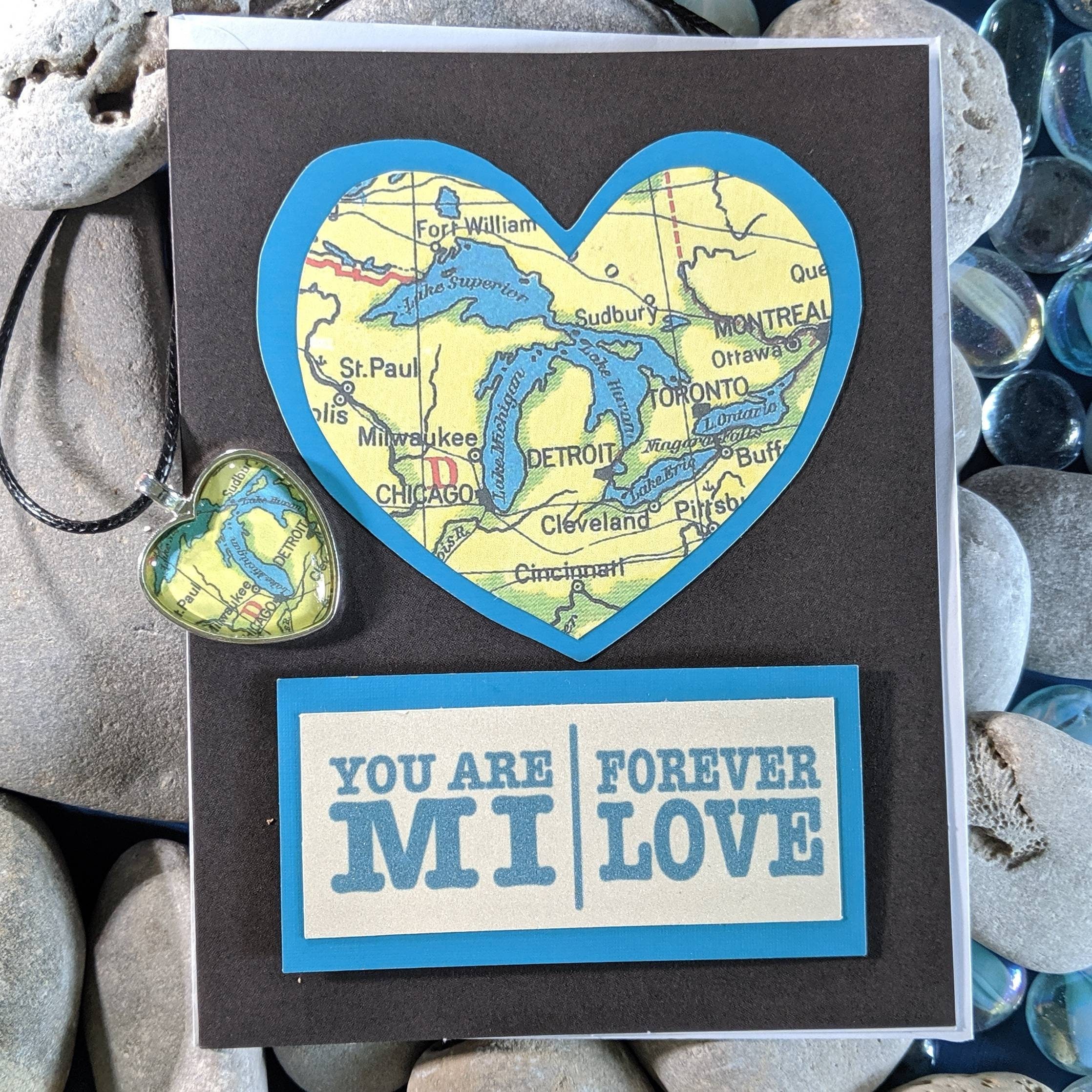 Michigan Card Featuring Great Lakes Map Heart Pendant for Lake Lovers ...