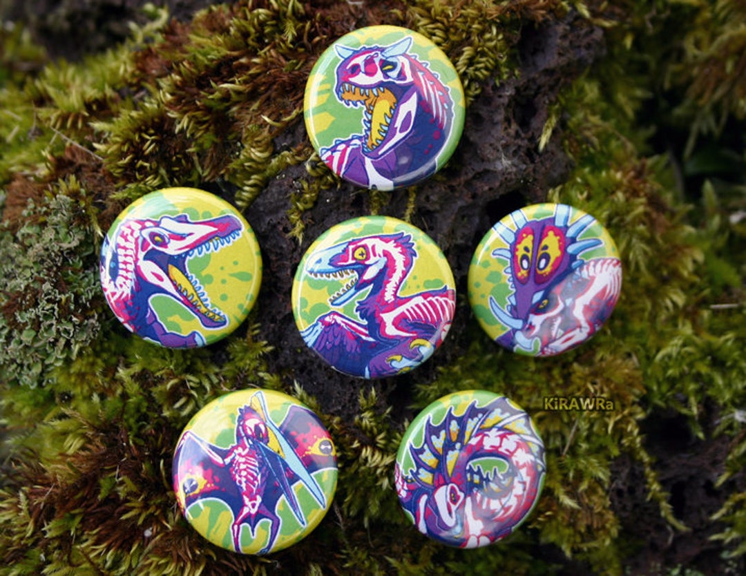 Rad Dinosaur Pinback Button Set || 1 Inch Dino Radioactive Carnotaurus ...