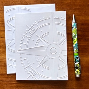8 White Embossed Compass Cards, Blank Compass Rose Note Card Set ...
