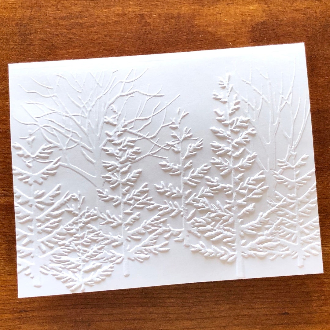 8 White Embossed 3D Christmas Tree Cards, Outdoor Snow Scene Holiday ...
