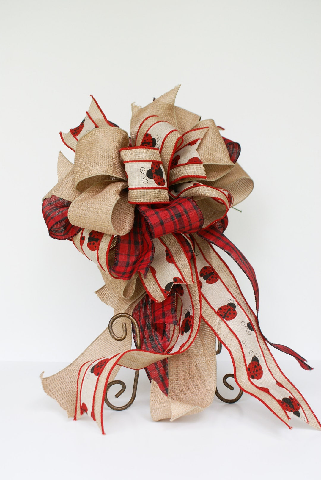 Summer Lady Bug Bow for Wreath, Red Black Tan Lady Bug Swag Bow, Red ...