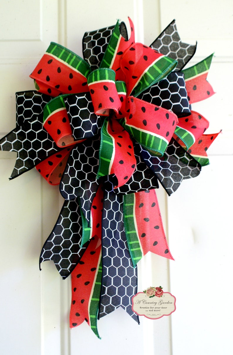 Summer Watermelon Bow, Country Wreath Bow, Summer Farmhouse Door Bow ...
