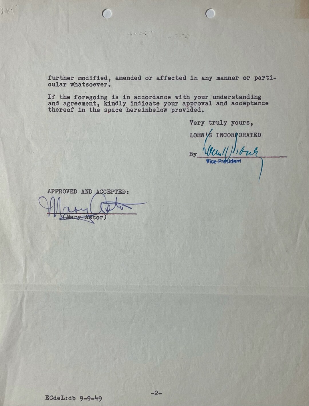 Mary Astor Vintage Autographed Autograph Signed Document Contract Page ...