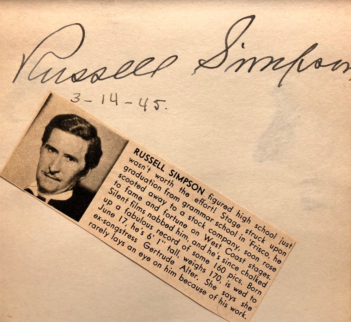 Russell Simpson 1945 Vintage Autographed Hand Signed Paper Cut ...