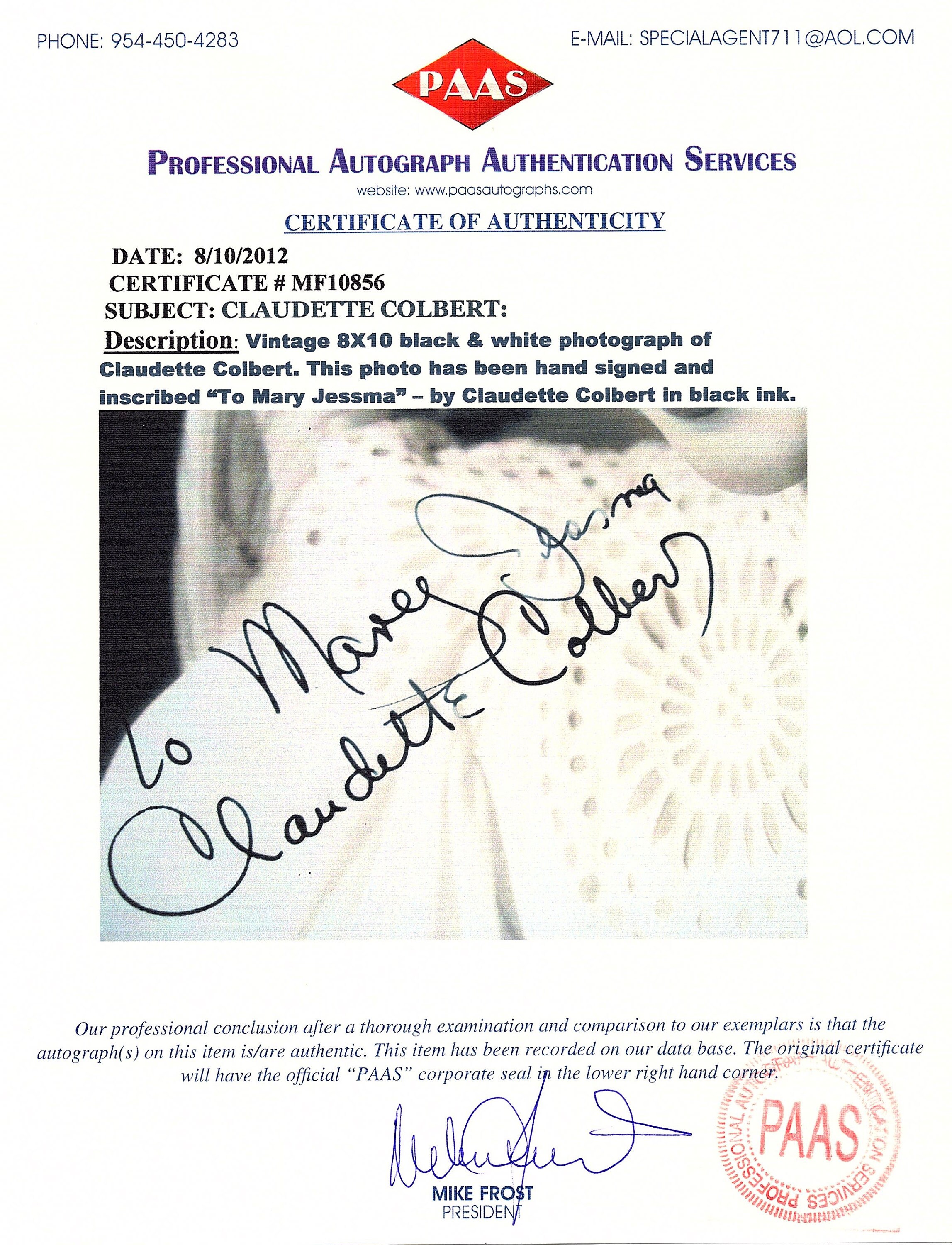 Claudette Colbert Vintage Autographed Autograph Signed Hollywood Film ...