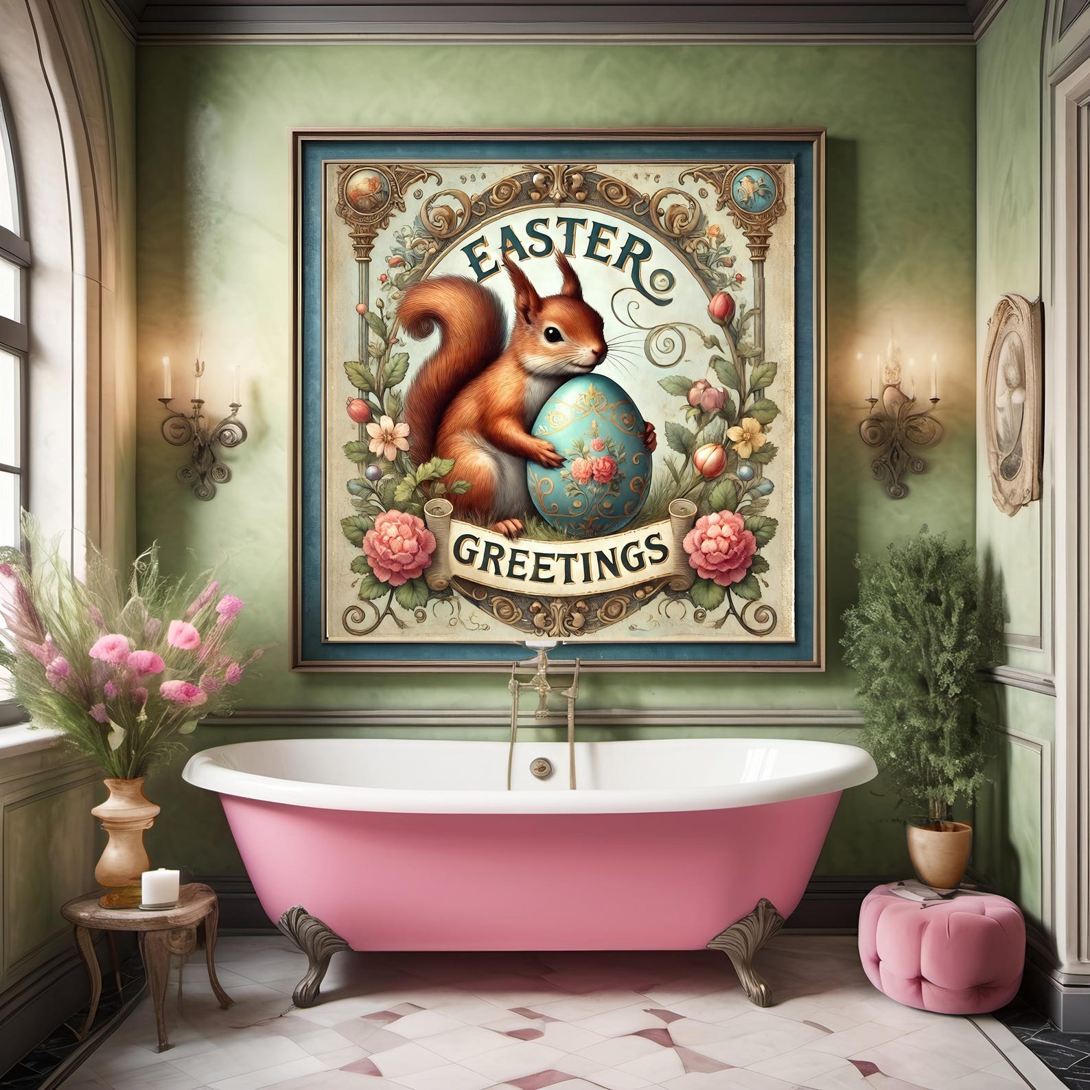 Vintage Easter Sign Wall Art Squirrel Digital Download Antique ...