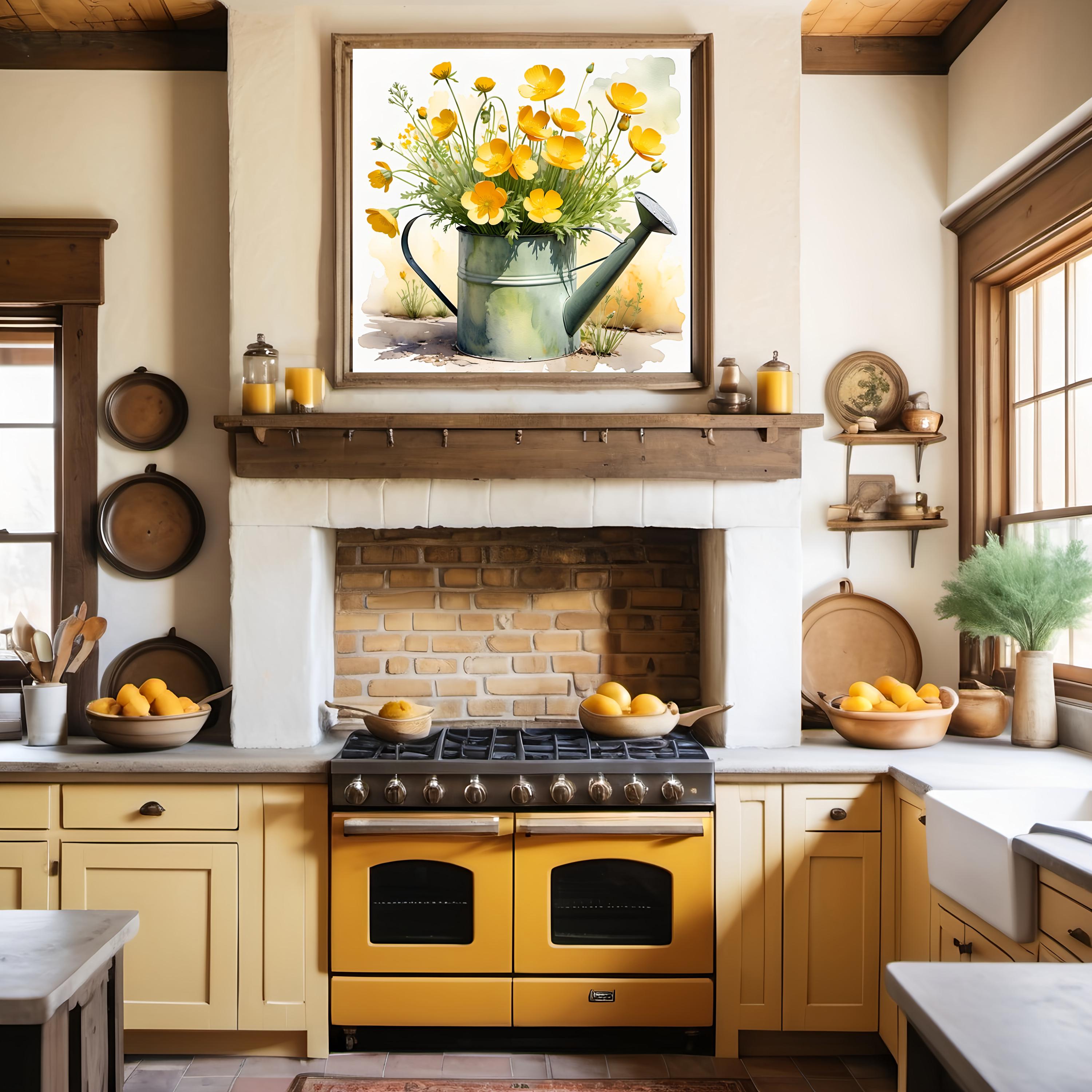 Watercolor Buttercup Flowers Print: Rustic Watering Can Art (digital ...