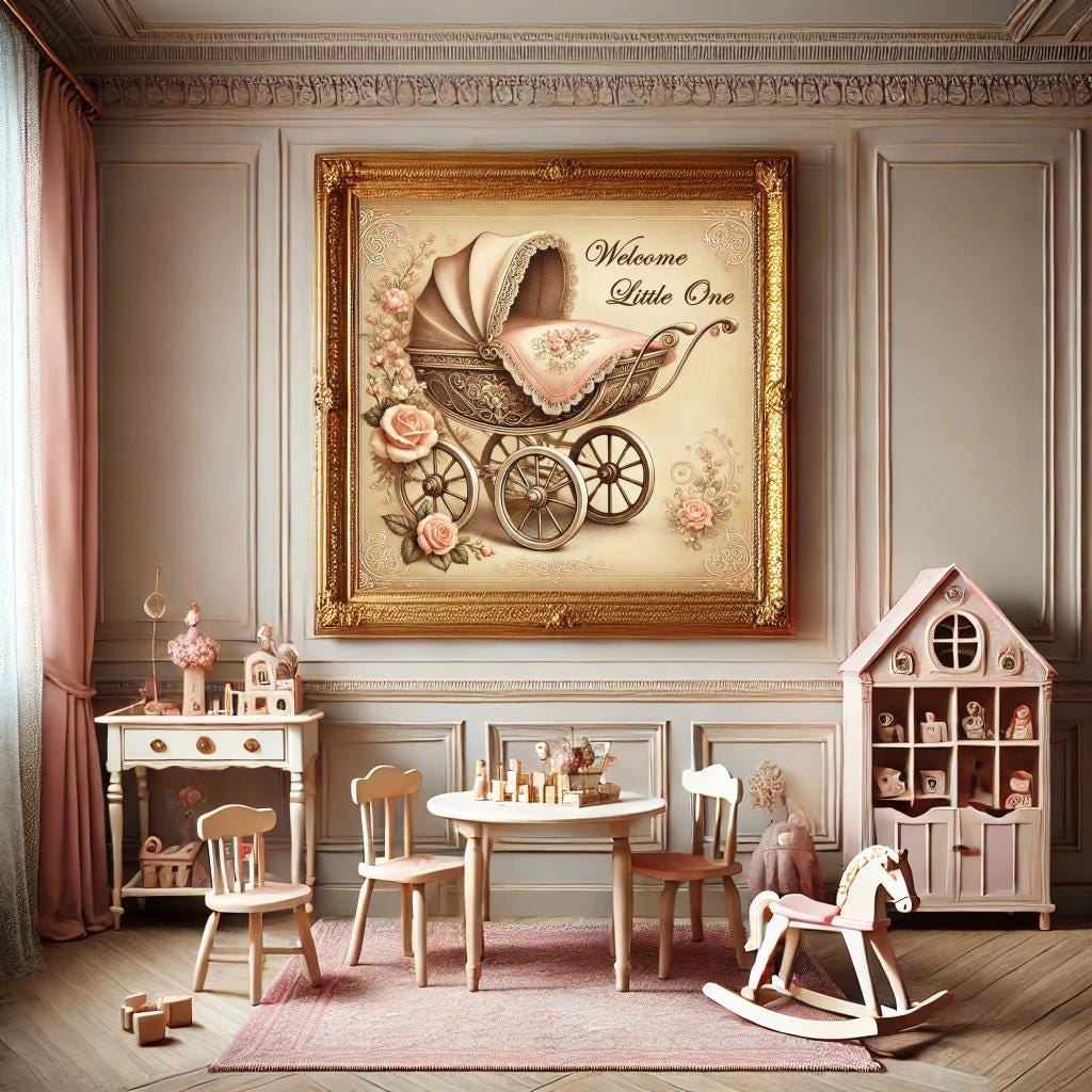 Vintage Baby Pram Print: Pink Antique Carriage Nursery Decor (digital ...