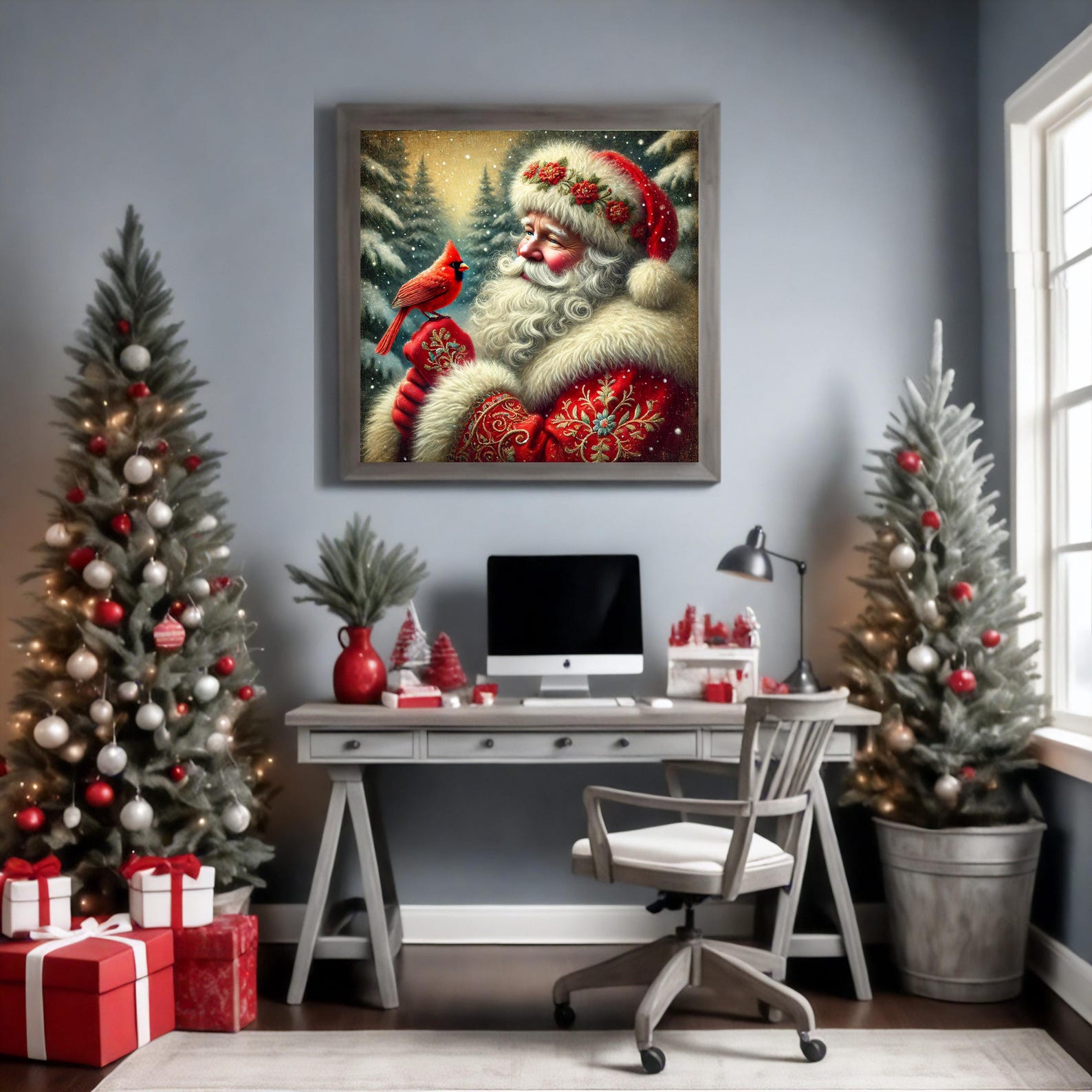 Santa Cardinal Holiday Vintage Christmas Wall Art, Festive Digital ...