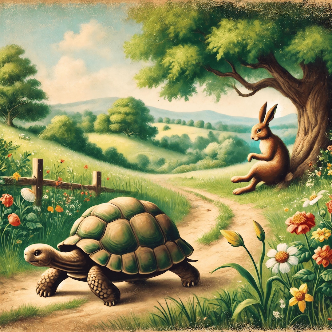 Tortoise and Hare Vintage Storybook Art: Whimsical Nursery Print ...