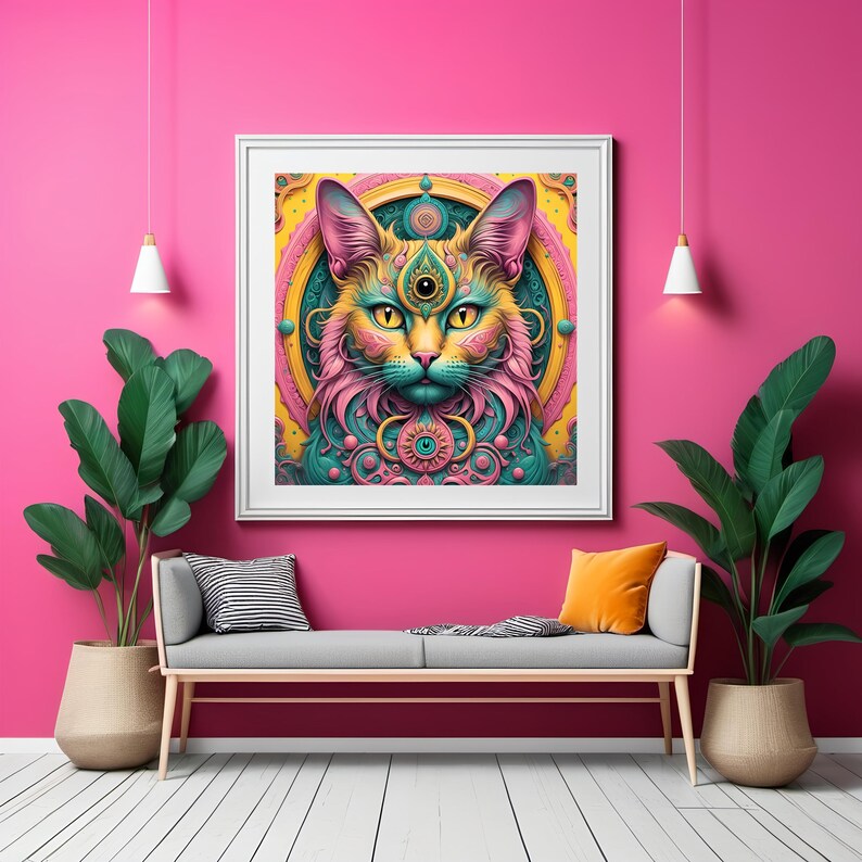 Psychedelic Third-eye Cat Portrait: Mystical Boho Wall Art (digital ...
