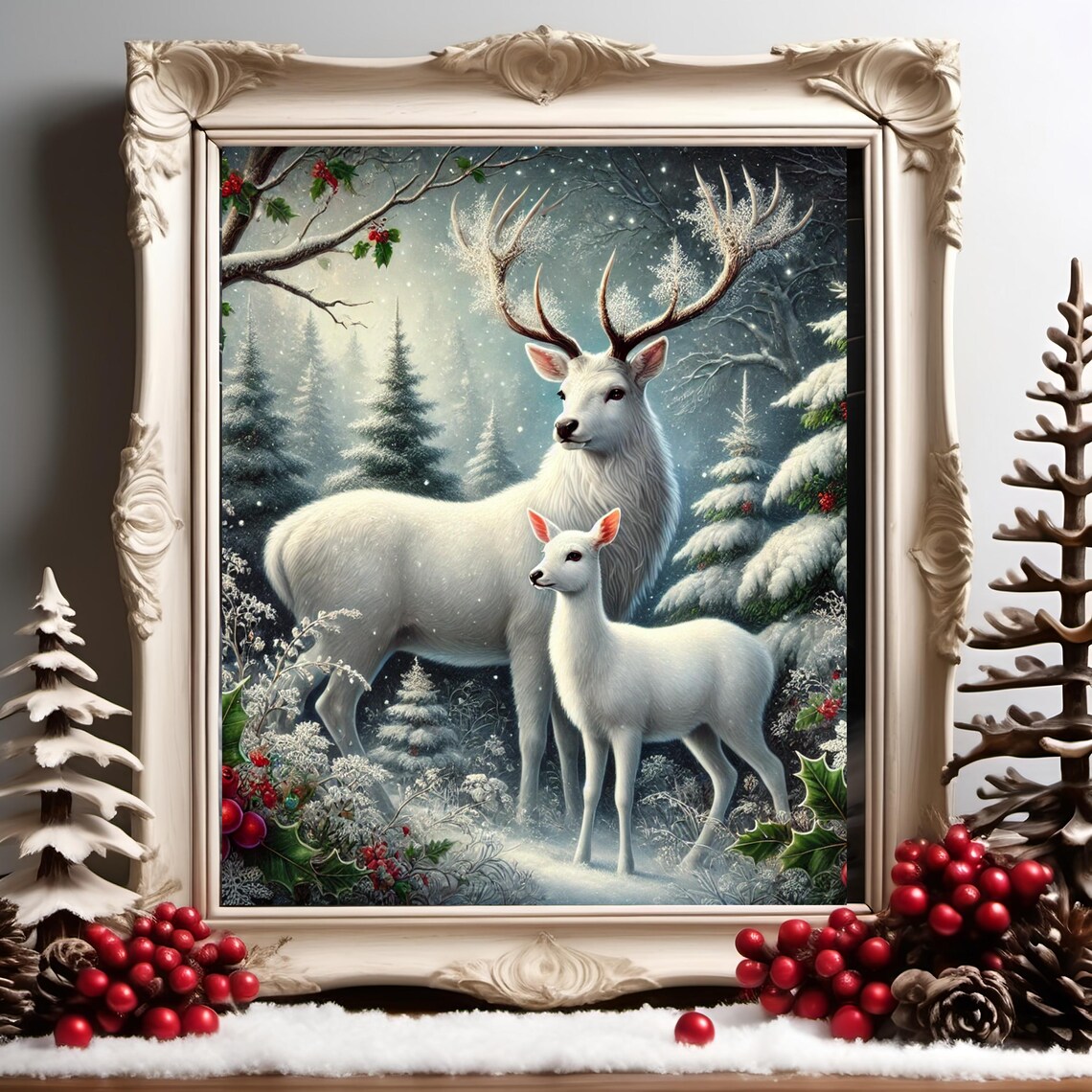 Winter White Stag and Fawn Wall Art Christmas Animal Wall Decor Snowy ...