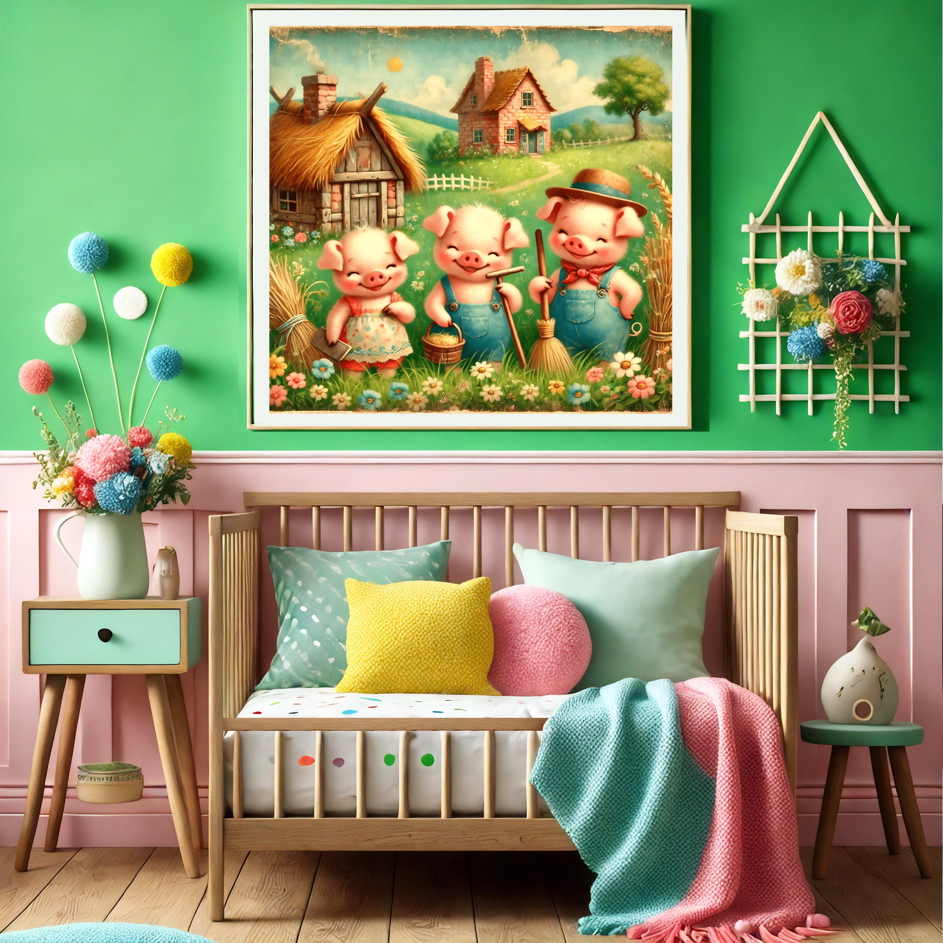 Three Little Pigs Vintage Nursery Print: Storybook Wall Art (digital ...