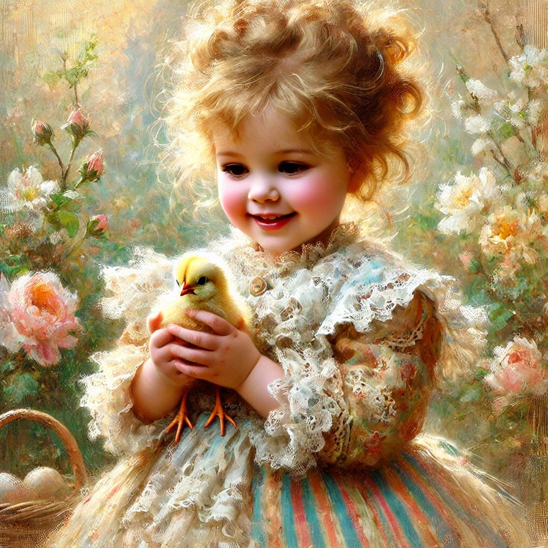 Vintage Easter Girl and Chick Art Print: Spring Pastoral Decor (digital ...