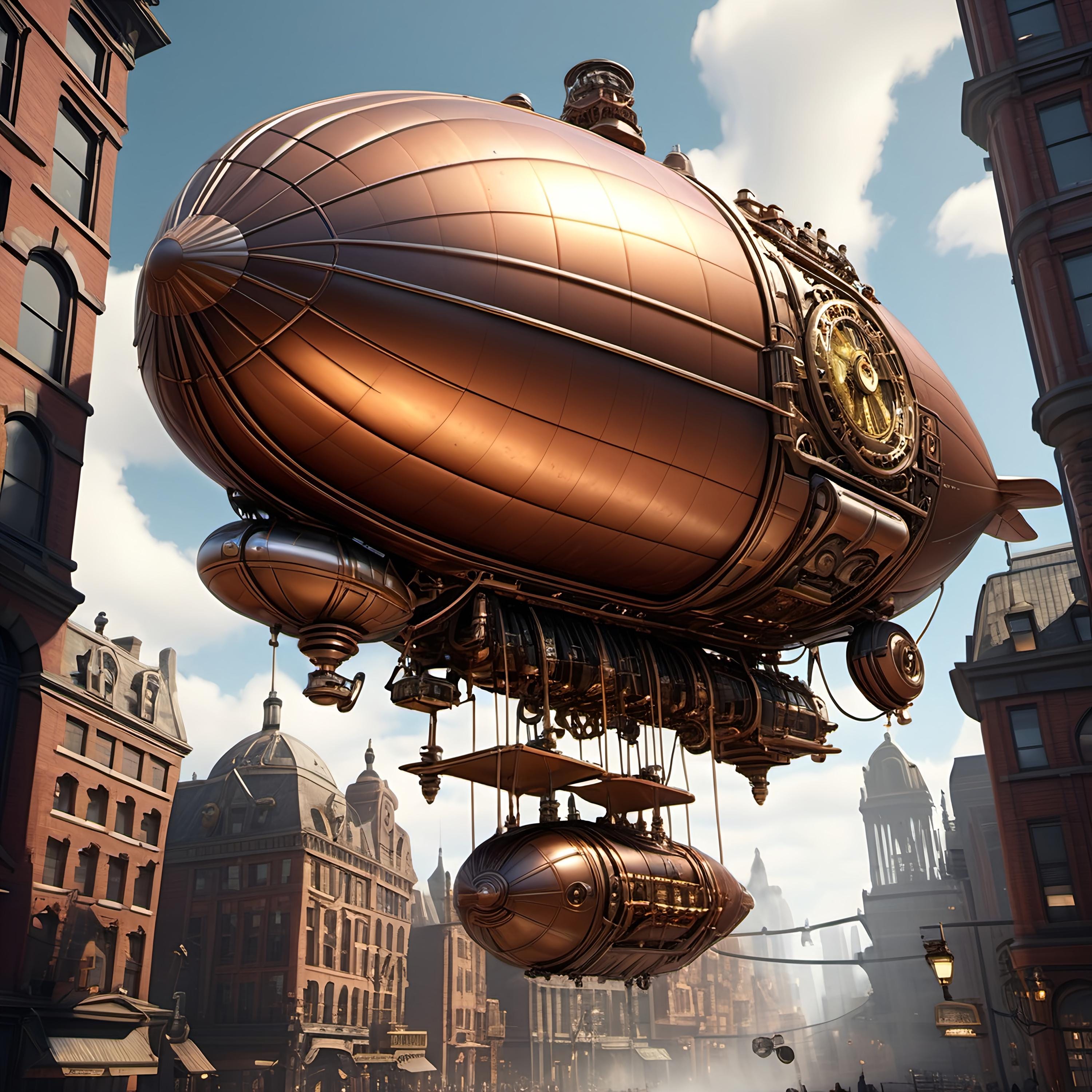 Steampunk Airship Over Vintage Cityscape Retro-futuristic Zeppelin Art ...