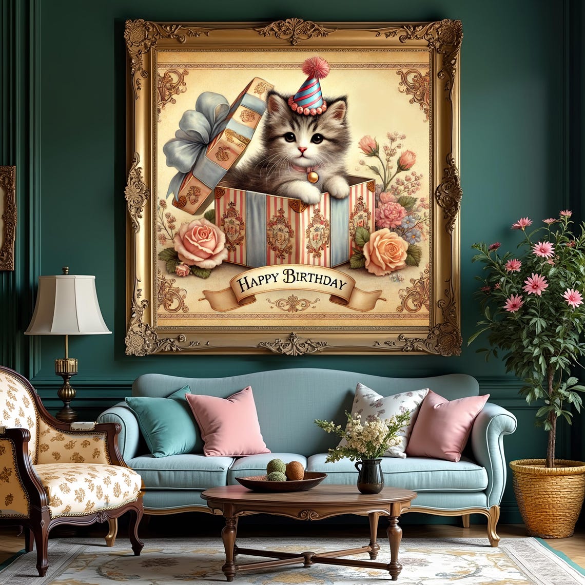 Vintage Birthday Kitten Print: Victorian Cat in Gift Box (digital ...