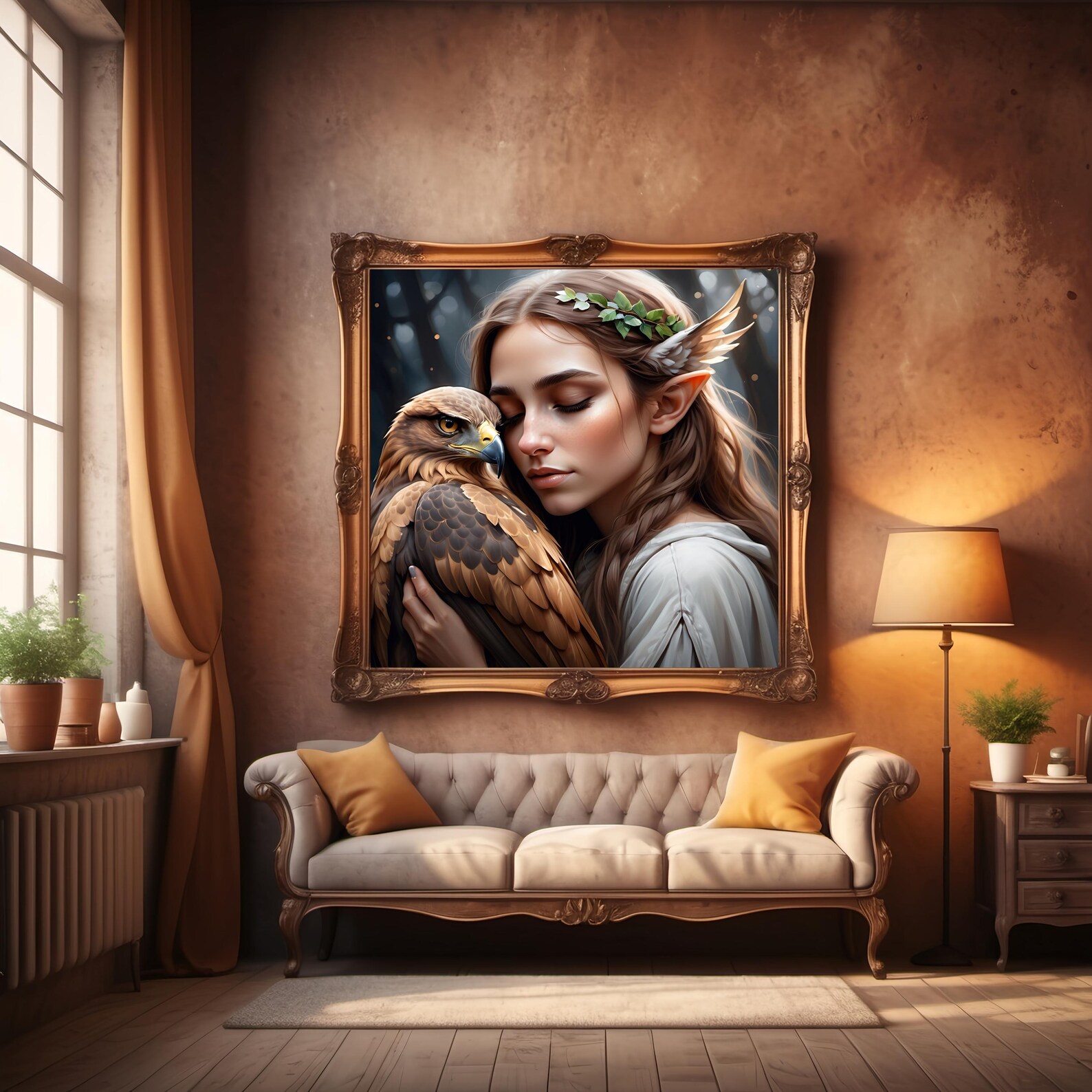 Elf Maiden and Hawk Art Print: Enchanted Forest Fantasy (digital ...