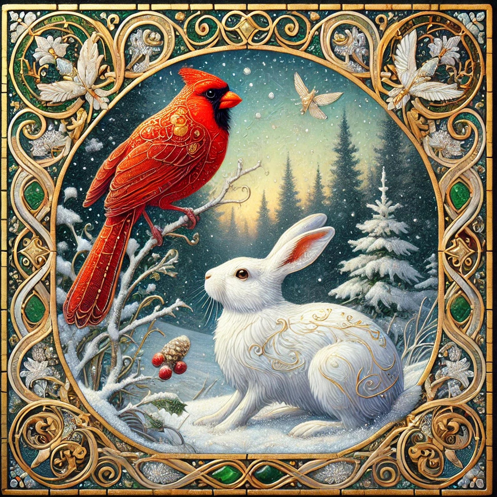 Winter Cardinal and White Rabbit Wall Art Digital Download Vintage ...