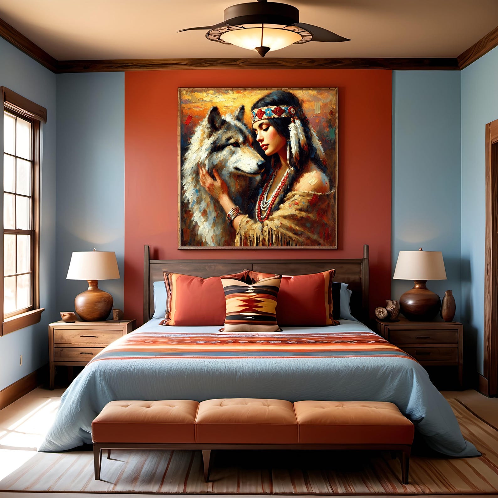 Native American Woman and Wolf Embrace Impressionist Style Digital Art ...