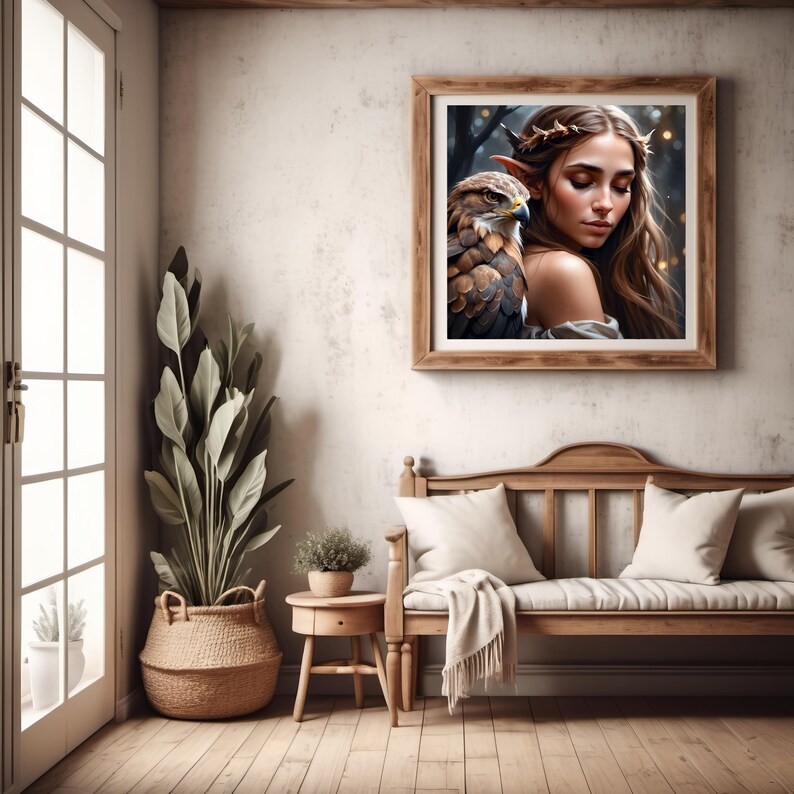 Elf Maiden and Hawk Art Print: Enchanting Forest Fantasy (digital ...