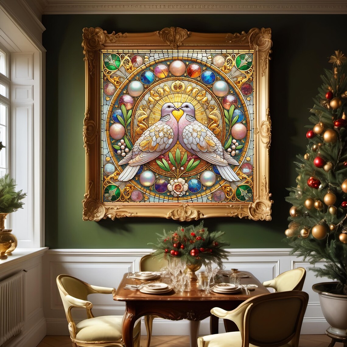 Art Nouveau Turtle Doves Stained Glass Art: Romantic Bird Print ...