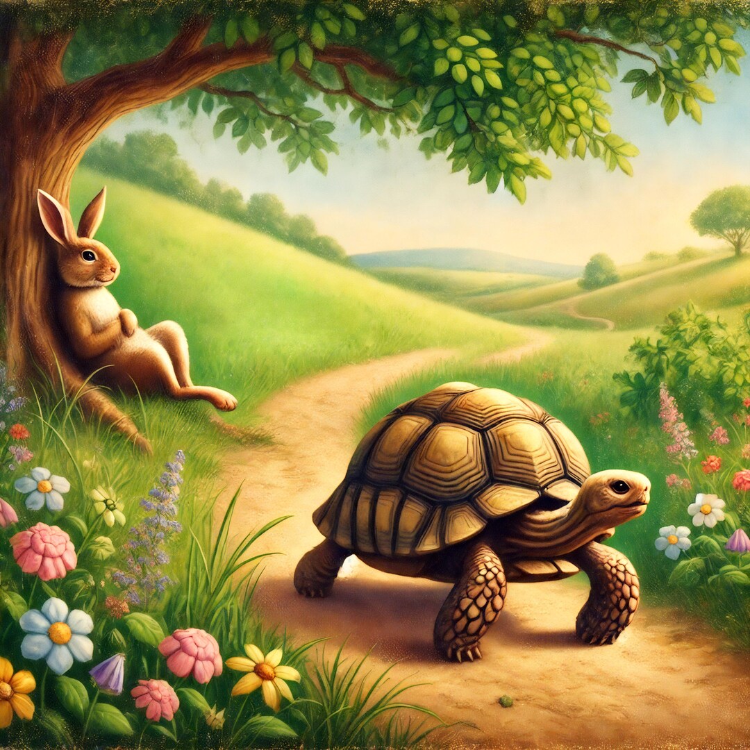 Tortoise and Hare Storybook Art: Whimsical Nursery Print (digital ...