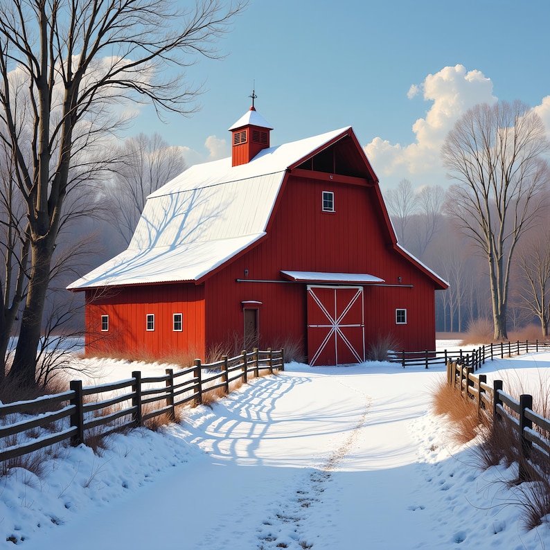 Red Barn in Snow Winter Scene Digital Art Download Rustic Country ...