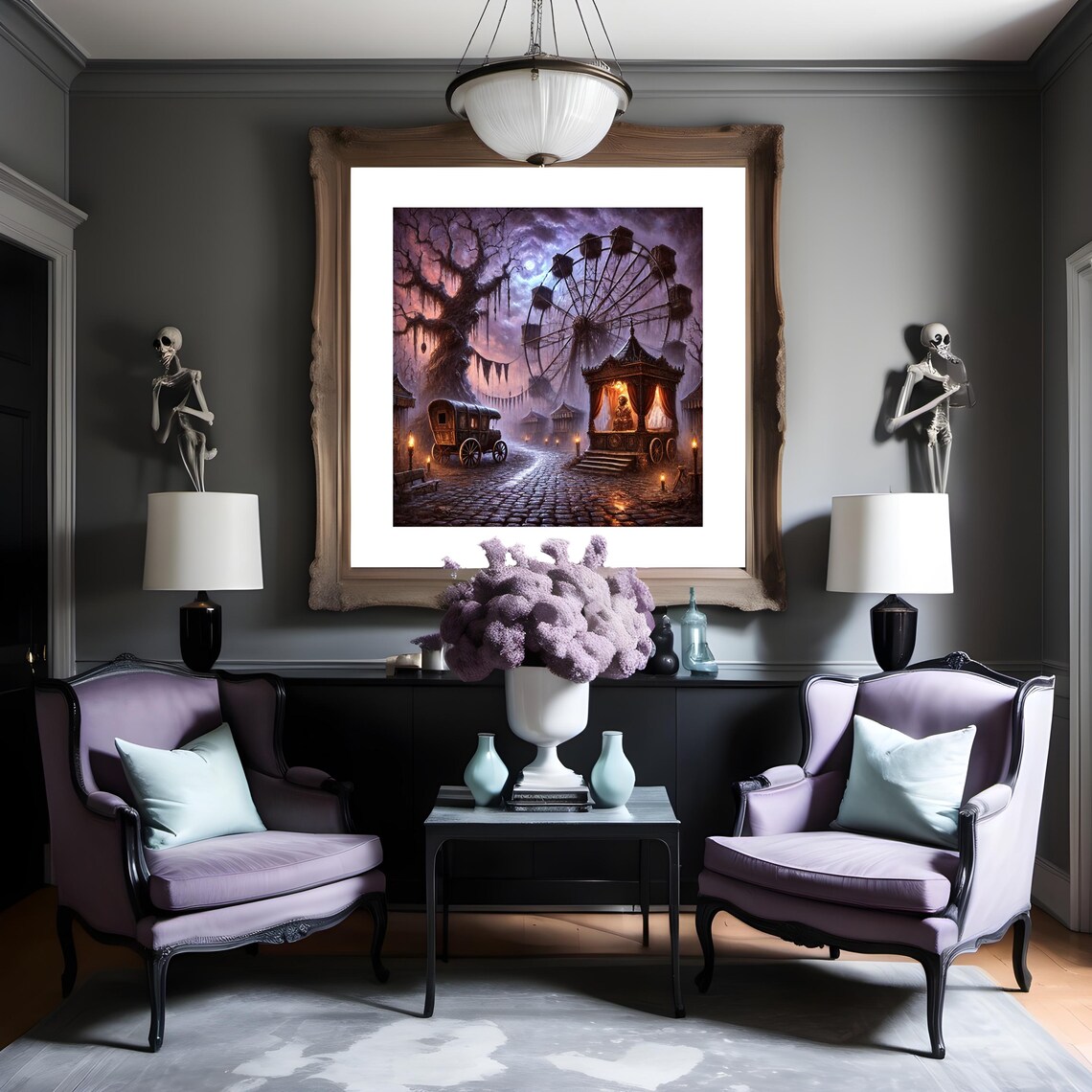 Haunted Carnival Print: Gothic Ferris Wheel, Dark Halloween Fairground ...