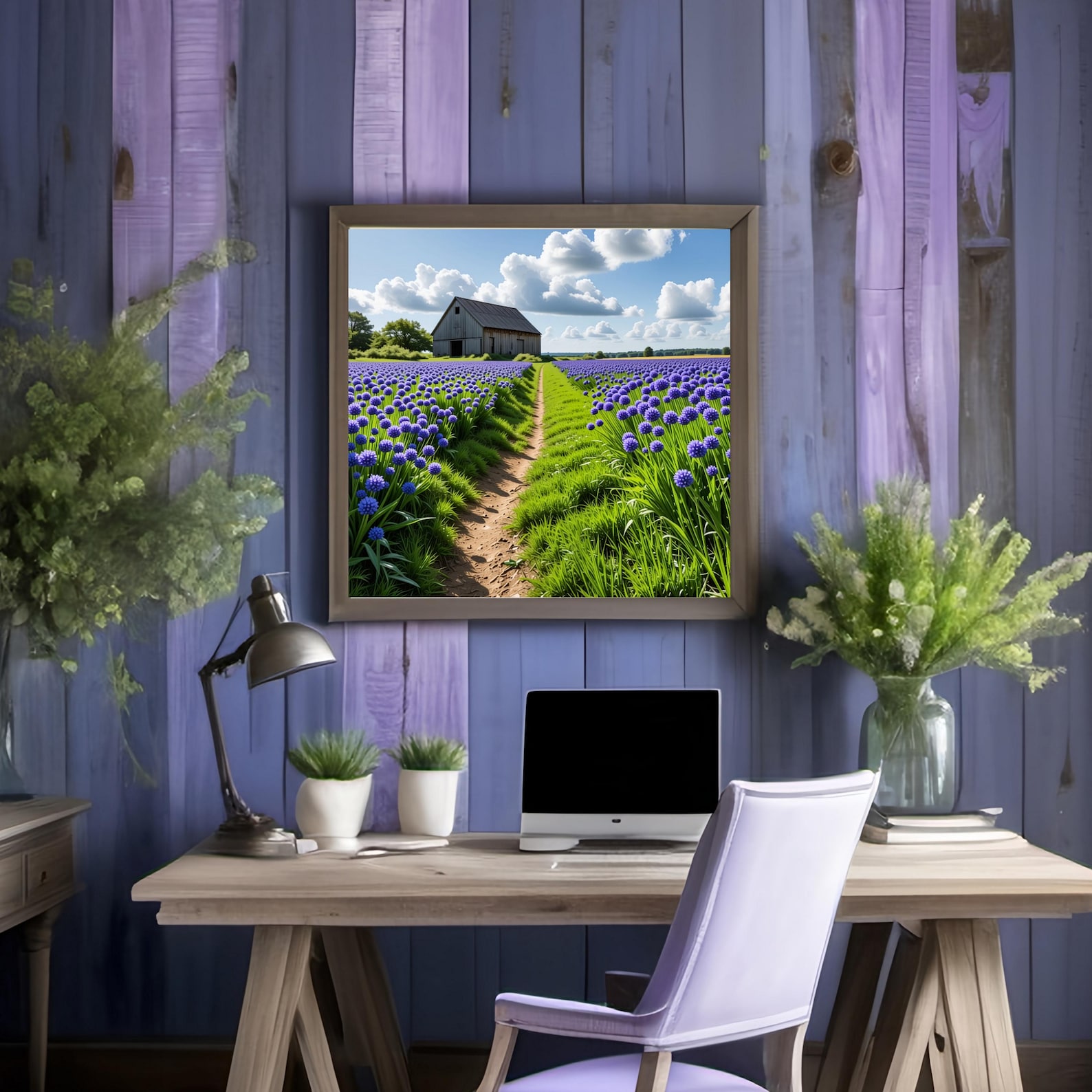 Blue Chive Field Print: Rustic Barn, Farmhouse Wall Decor (digital ...