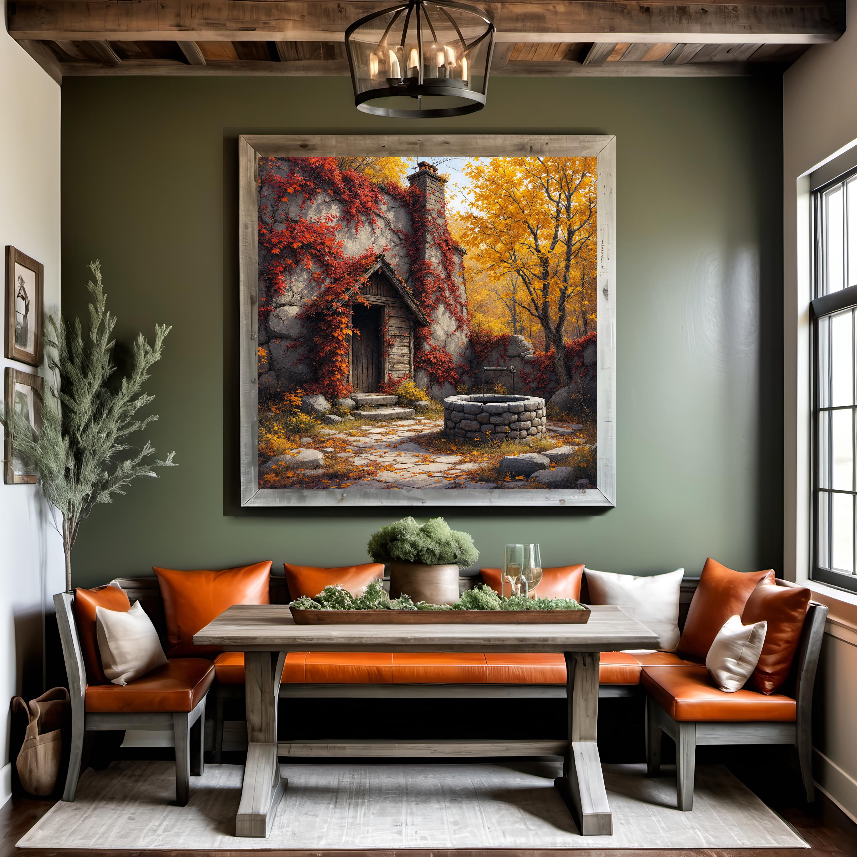 Autumn Cottage Art Print: Rustic Stone House With Wishing Well (digital ...