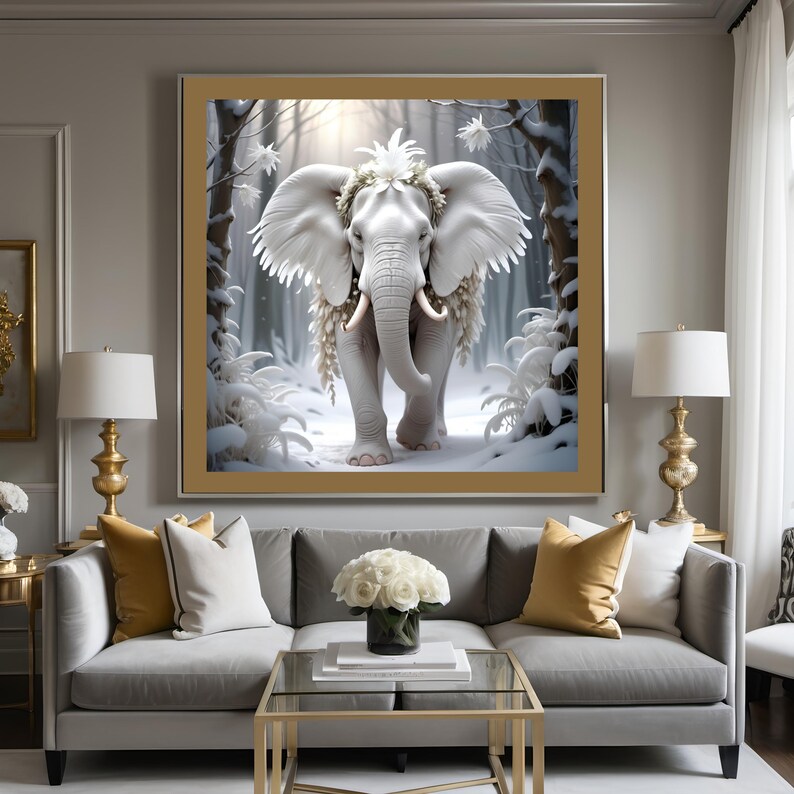 Winter Elephant Print: Floral Crown, Snowy Forest Scene (digital ...