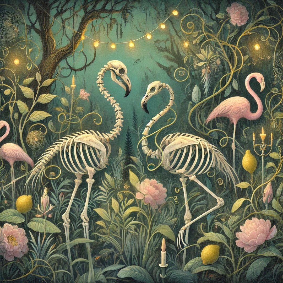 Skeleton Flamingo Garden Art Print: Gothic Summerween Halloween Decor ...