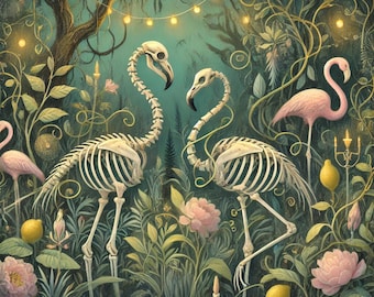 Skeleton Flamingo Garden Art Print: Gothic Summerween Halloween Decor ...