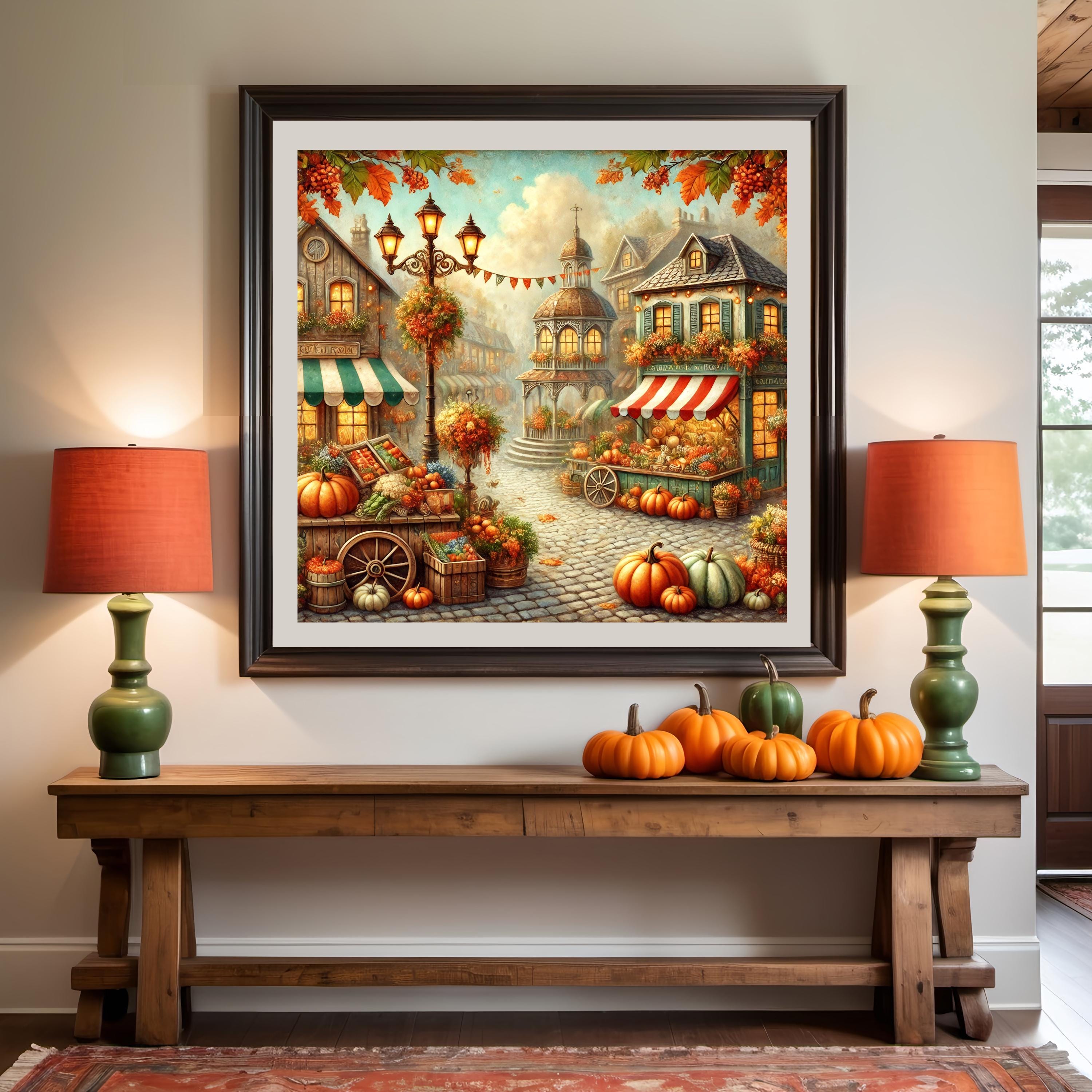 Autumn Marketplace Print: Cozy Fall Town, Pumpkin Harvest (digital ...