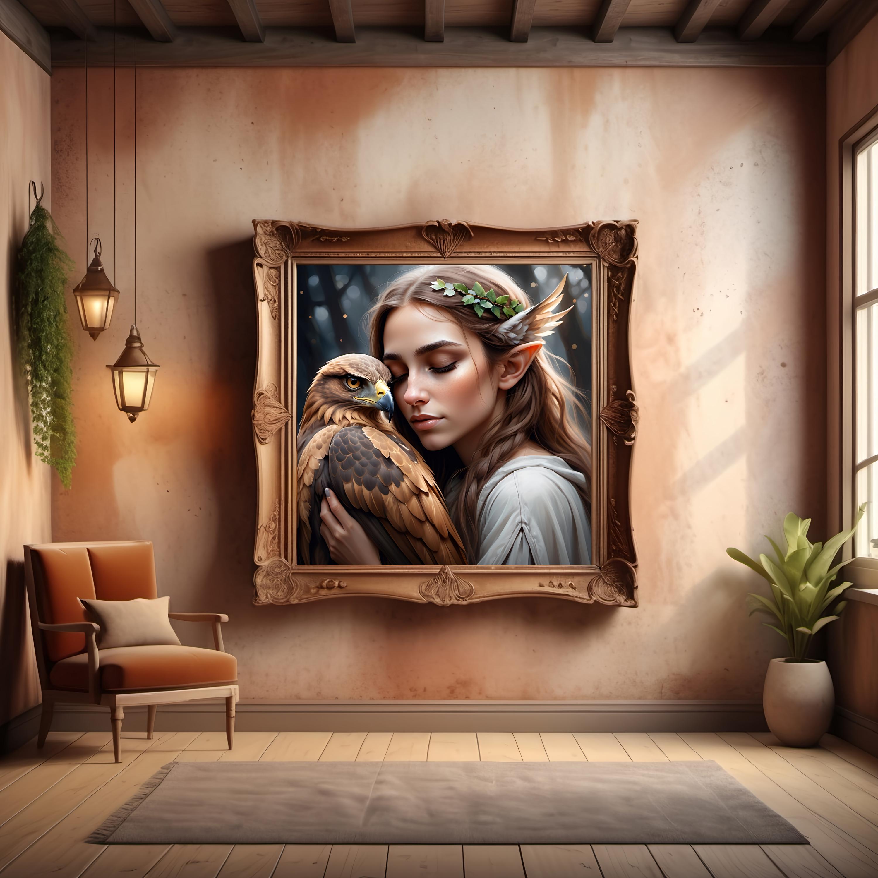 Elf Maiden and Hawk Art Print: Enchanted Forest Fantasy (digital ...