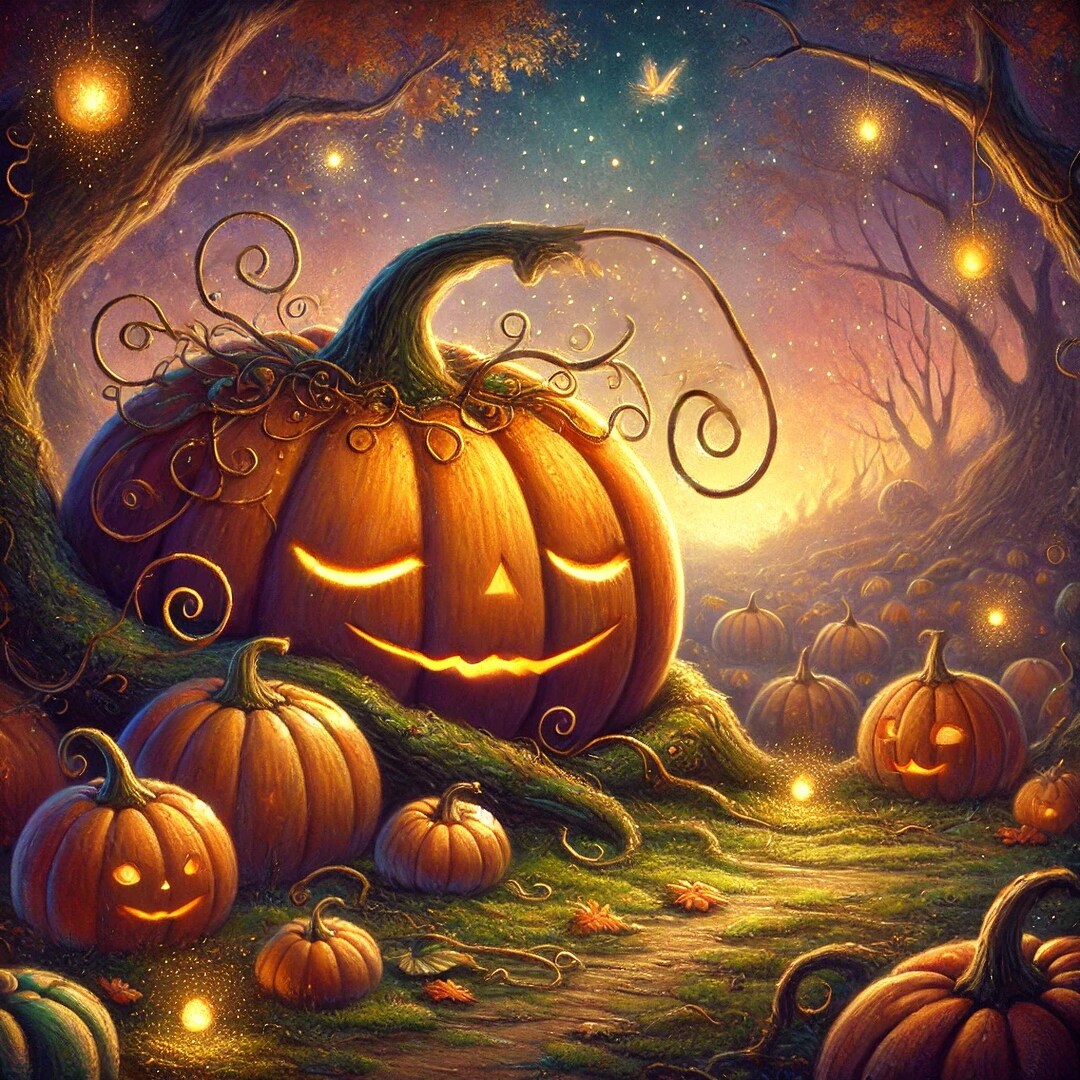 Vintage Halloween Pumpkin Path Art Print, Spooky Jack O'lantern Forest ...