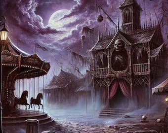 Haunted Carnival Print: Gothic Ferris Wheel, Dark Halloween Fairground ...