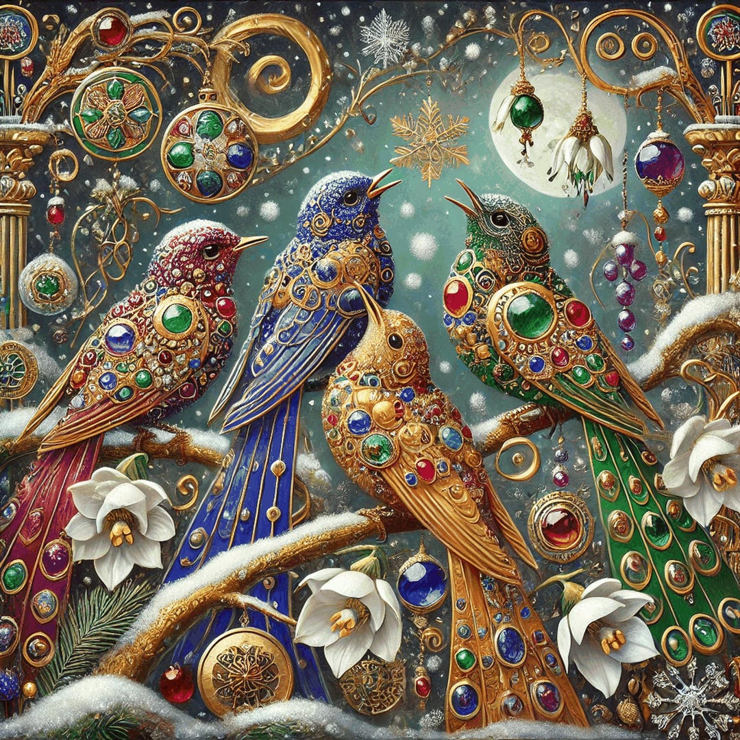 Winter Four Calling Birds Art Print Gilded Christmas Wall Decor Jeweled ...