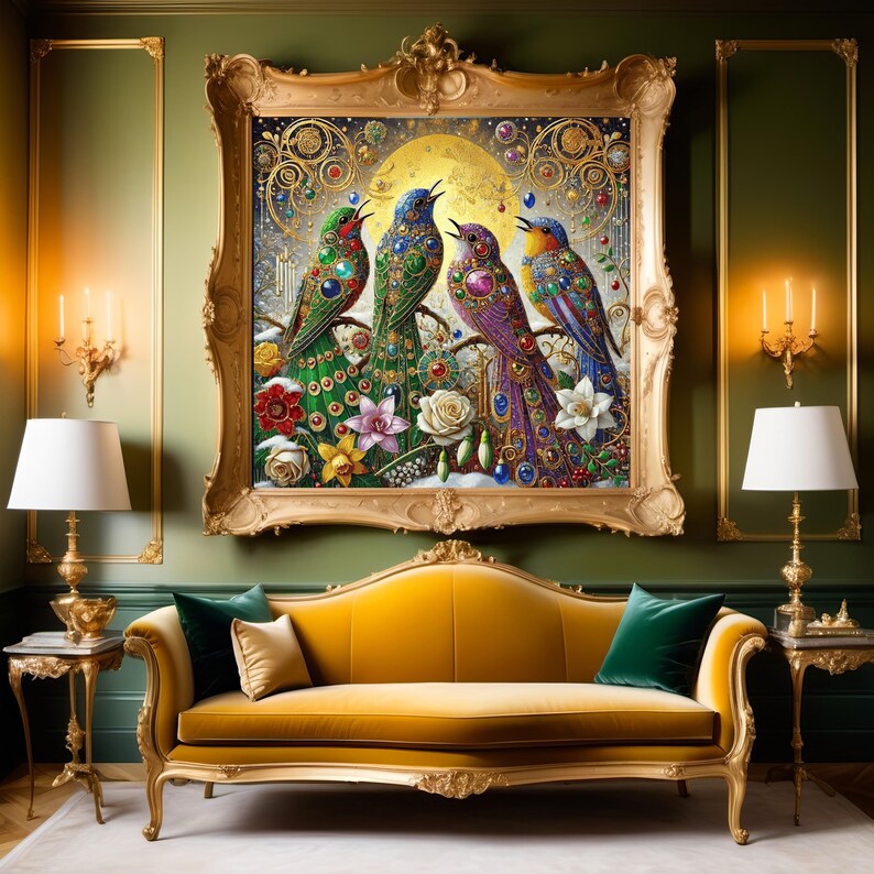 Jeweled Holiday Four Calling Birds Art Print Gilded Christmas Wall ...