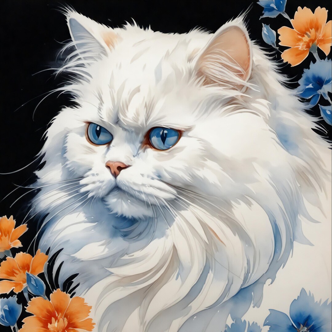 White Cat Digital Print Blue Eyes and Floral Wall Decor Watercolor-inspired Cat Wall Art ...
