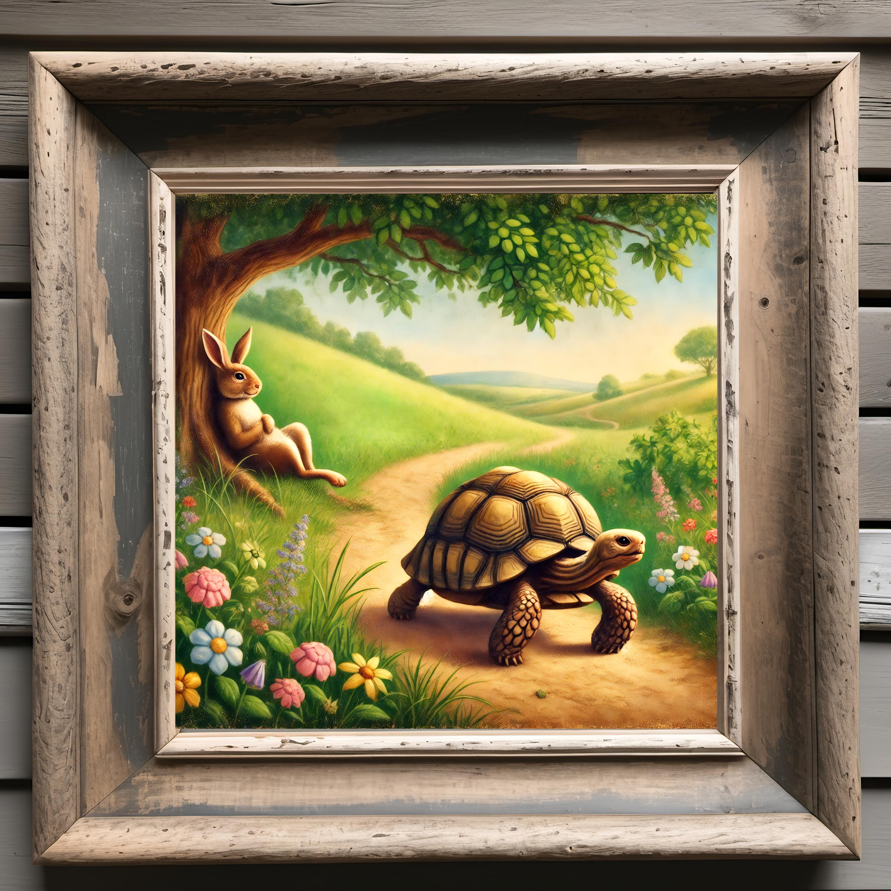 Tortoise and Hare Storybook Art: Whimsical Nursery Print (digital ...