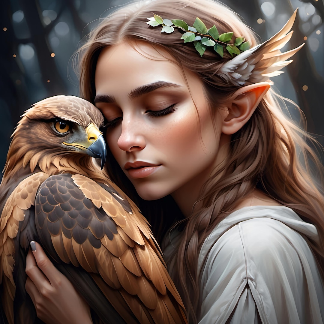 Elf Maiden and Hawk Art Print: Enchanted Forest Fantasy (digital ...