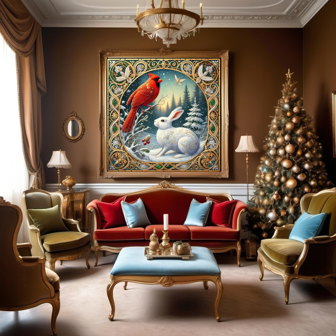 Winter Cardinal and White Rabbit Wall Art Digital Download Vintage ...
