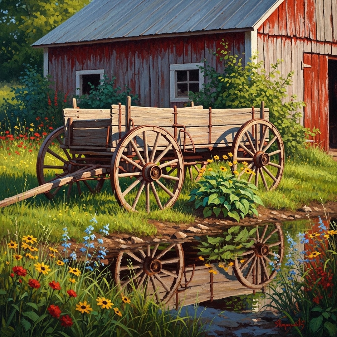 Rustic Farm Wagon Art: Vintage Barn Landscape (digital Download) - Etsy