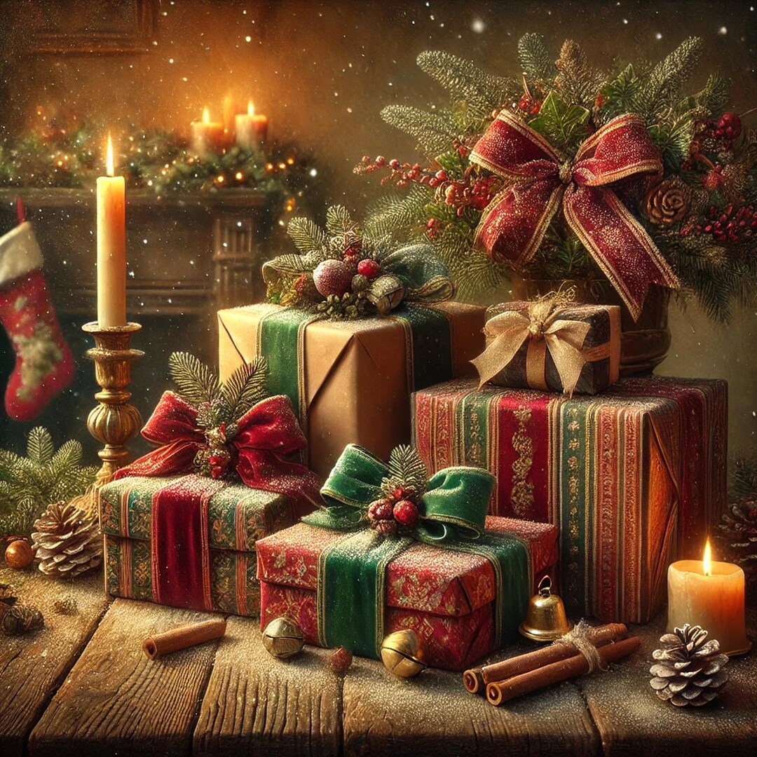 Vintage Christmas Still Life Print: Antique Gifts, Cozy Candlelight ...