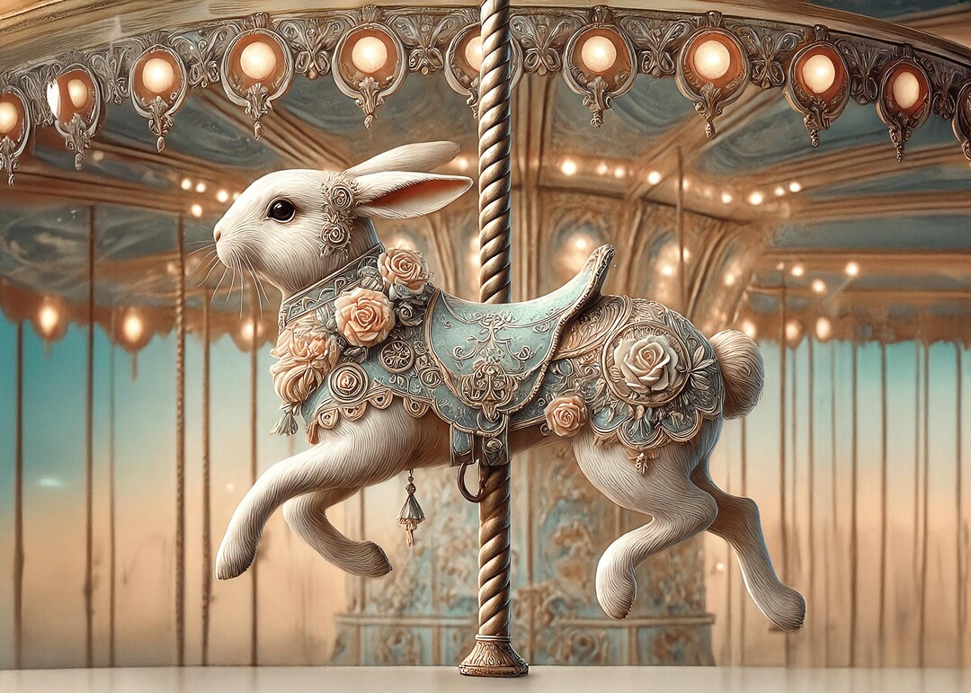 Vintage Carousel Bunny Easter Card, Whimsical Rabbit Art (digital ...