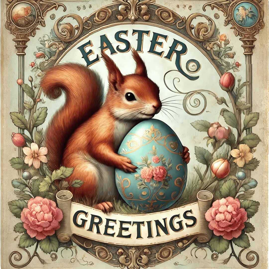 Vintage Easter Sign Wall Art Squirrel Digital Download Antique ...