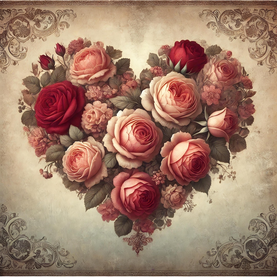Vintage Valentine Heart Roses Digital Print Romantic Floral Wall Art ...