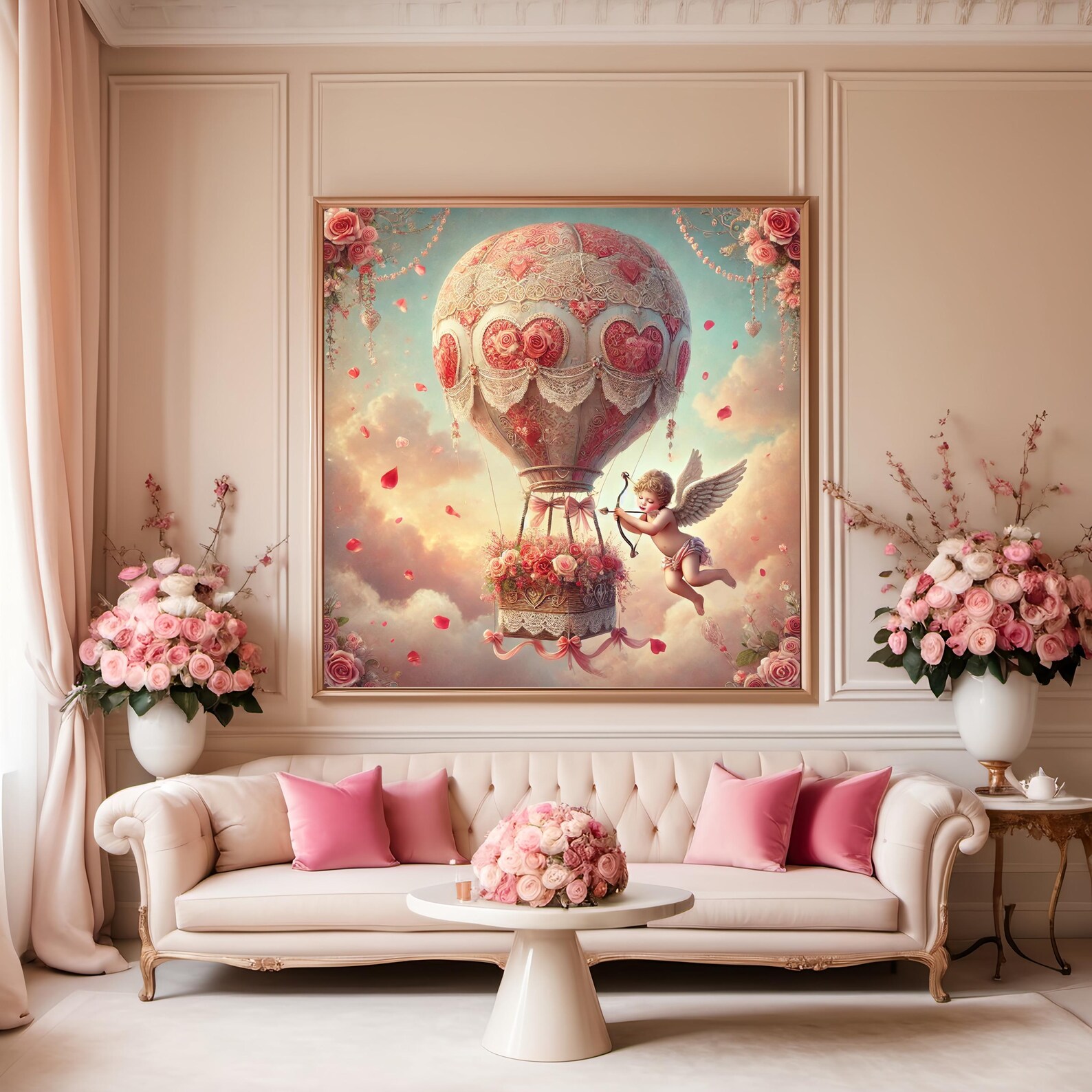 Cupid Valentine Hot Air Balloon Print: Vintage Rose Decor (digital ...