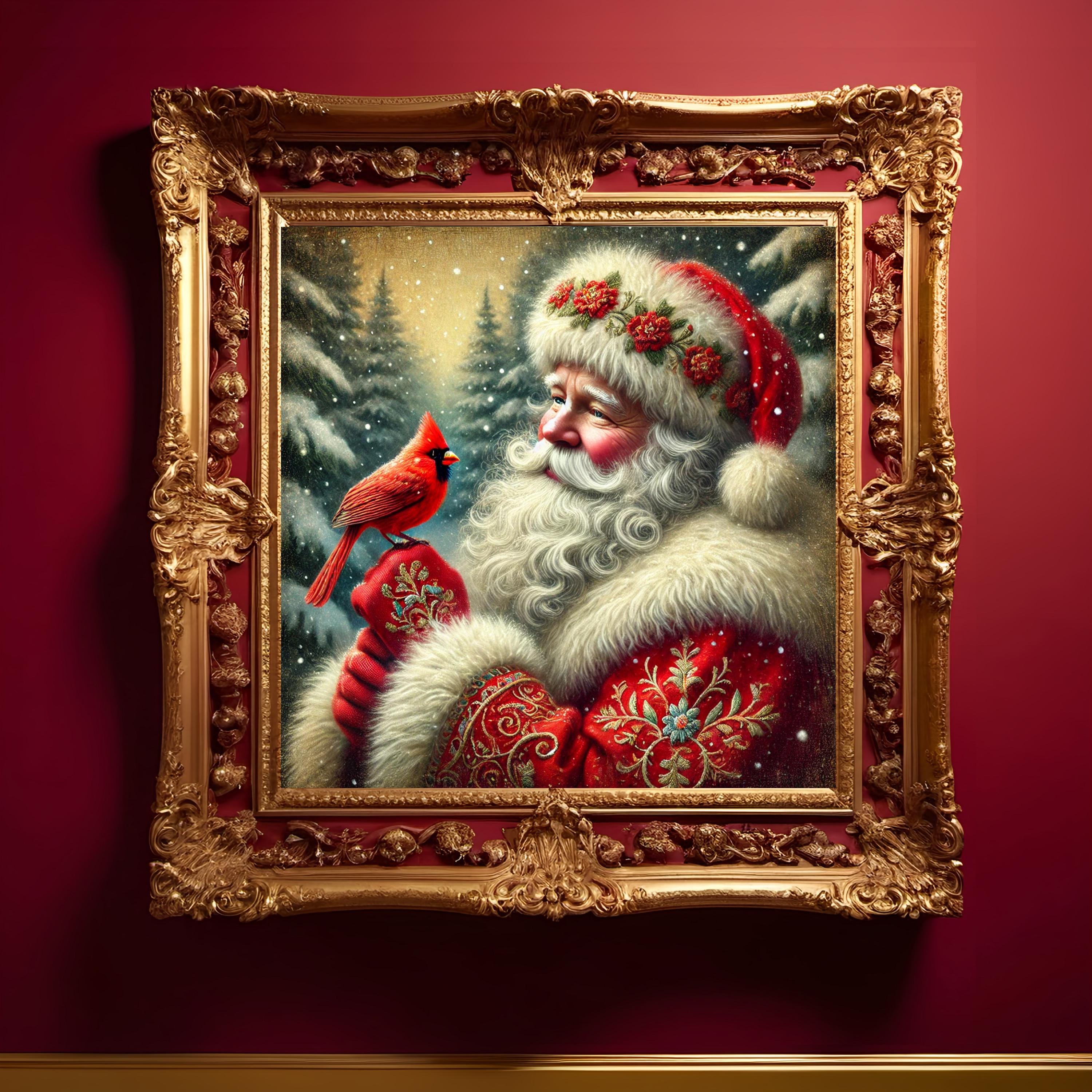 Santa Cardinal Holiday Vintage Christmas Wall Art, Festive Digital ...